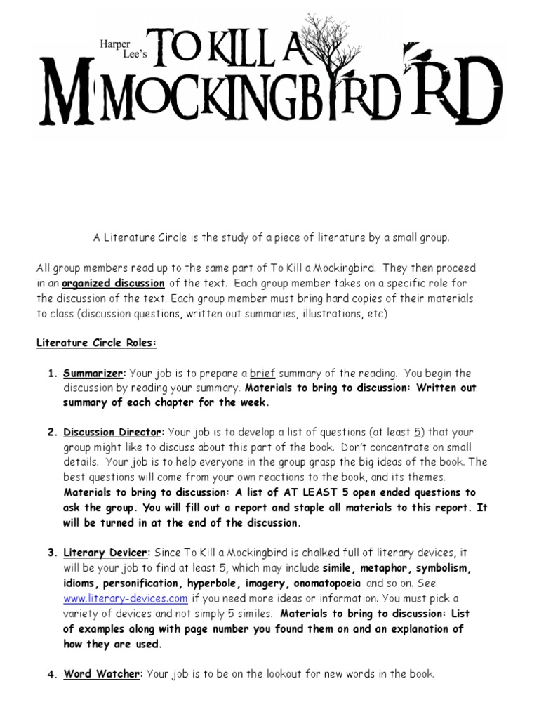 Mockingbird Literature Circle Info Packet | PDF