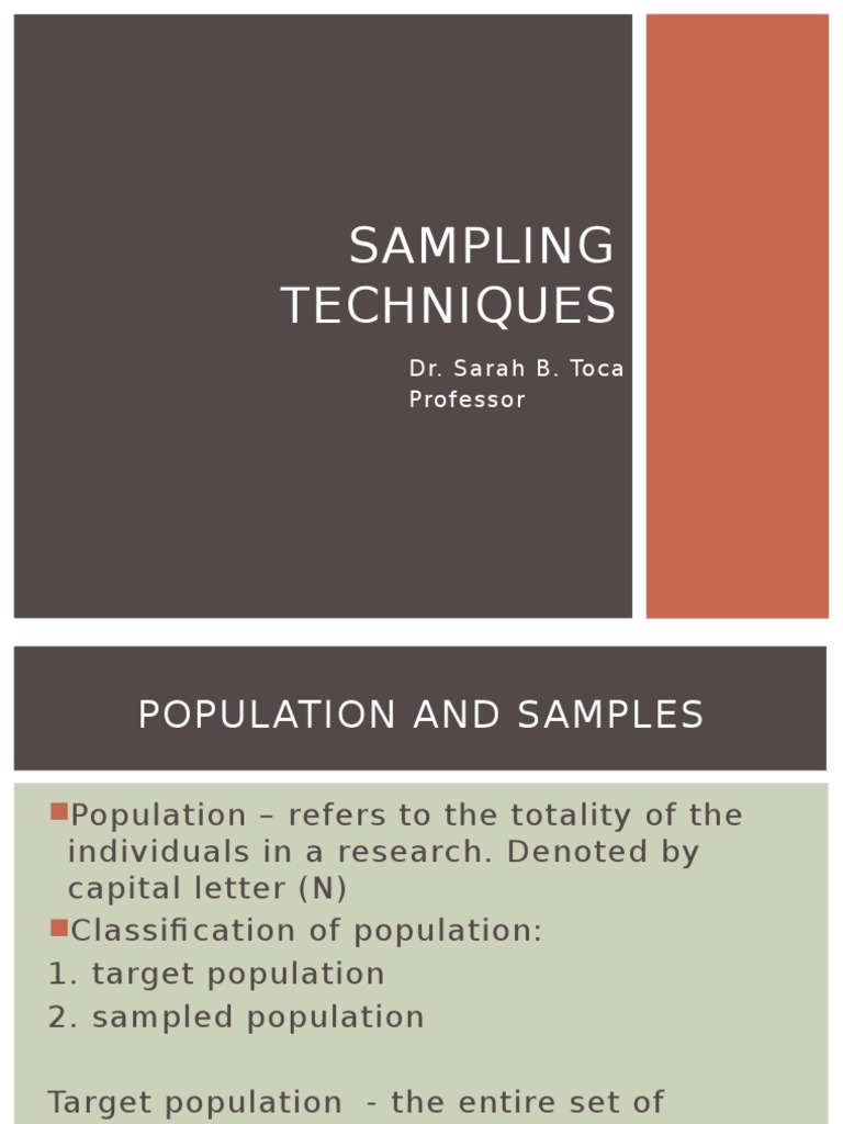 Sampling Techniques: Dr. Sarah B. Toca Professor | PDF | Sampling (Statistics) | Randomness