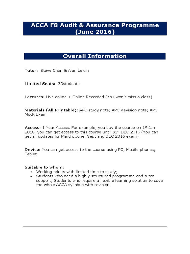 ACCA F8 Audit & Assurance Programme (June 2016) : ST ST | PDF