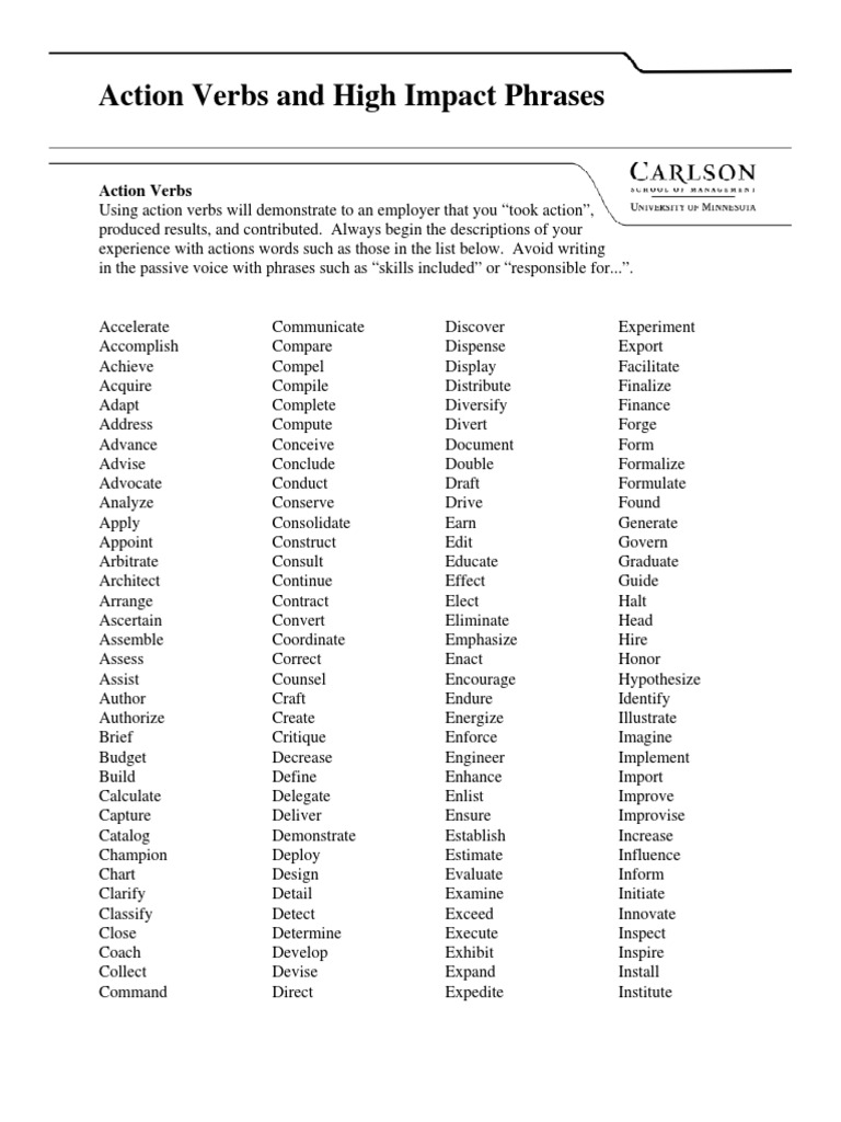 Action Verbs and High Impact Phrases | PDF | Innovation | Leadership