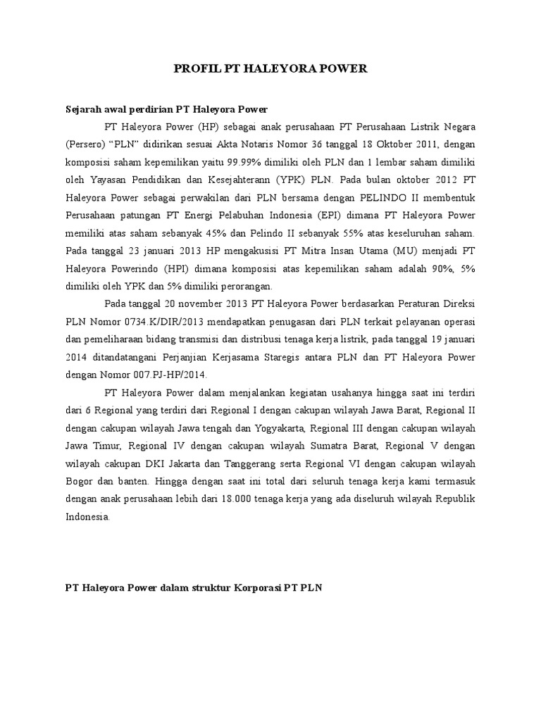 Profil dan Kebijakan PT Haleyora Power | PDF