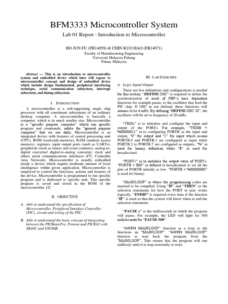 BFM3333 Microcontroller System: Lab 01 Report - Introduction To ... BFM3333 Microcontroller System: Lab 01 Report - Introduction To ...
