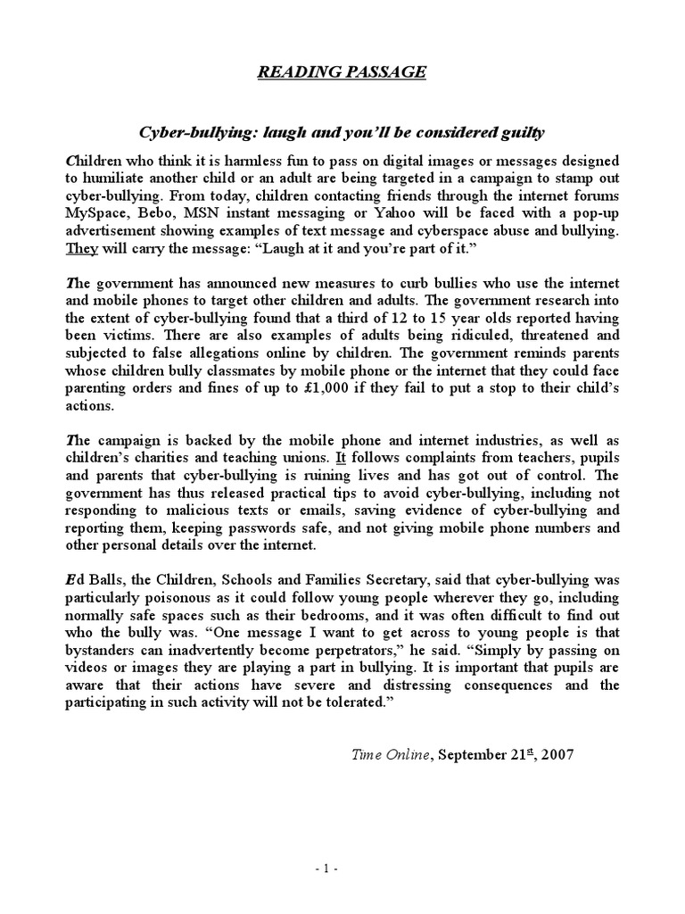 Reading Passage: Time Online, September 21 | PDF | Cyberbullying | Bullying