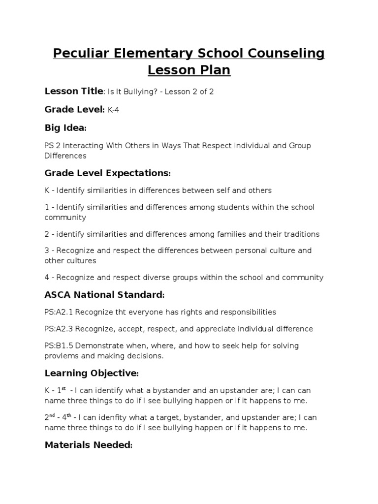 Peculiar Elementary School Counseling Lesson Plan: Lesson Title Grade ...