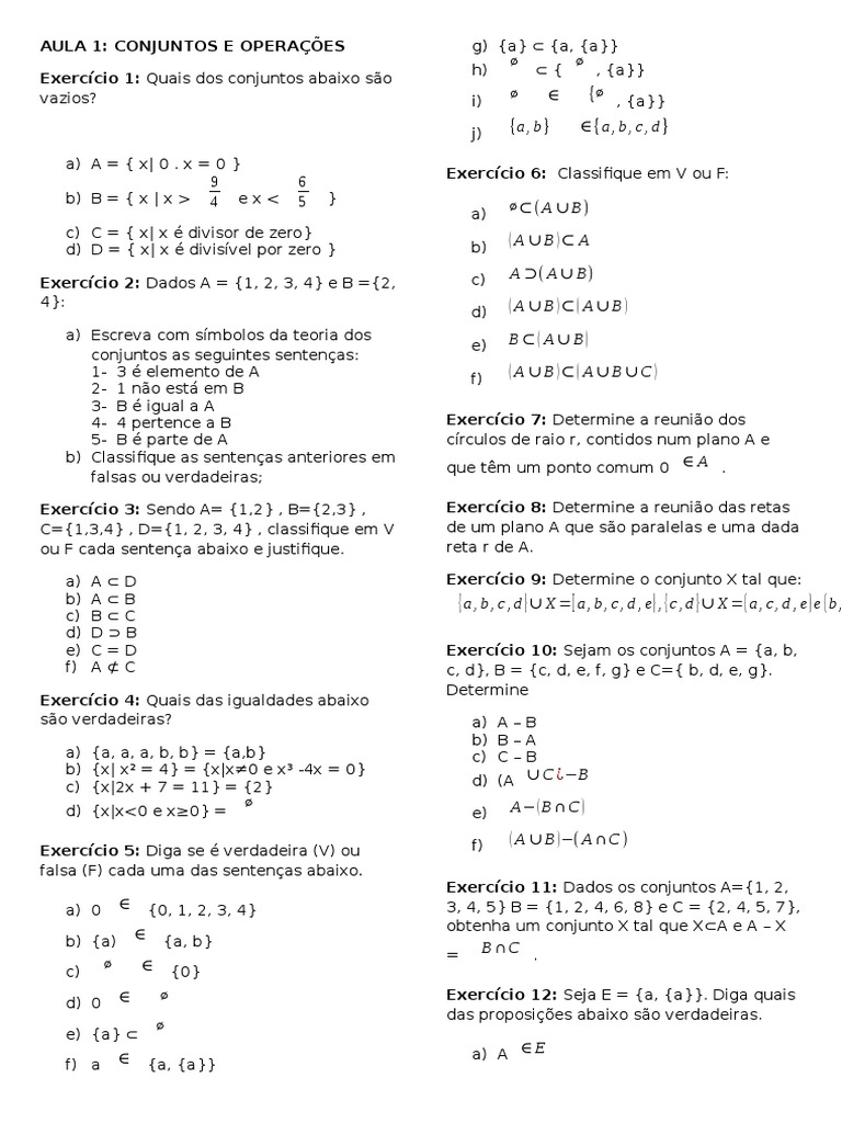 Conjuntos e operações | PDF | Conjunto vazio (Matemática) | Conjunto ...