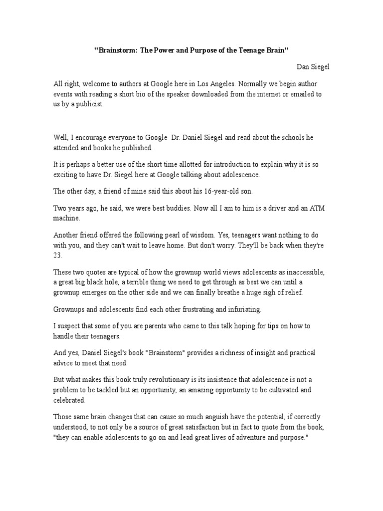 Dan Siegel-Brainstorm The Power and Purpose of The Teenage Brain | PDF ...