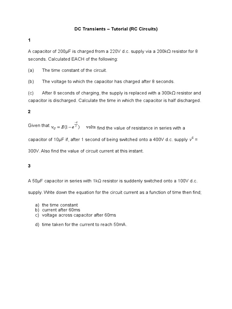 DC Transients - Tutorial (RC Circuits) 1: Volts.) 1 ( | PDF