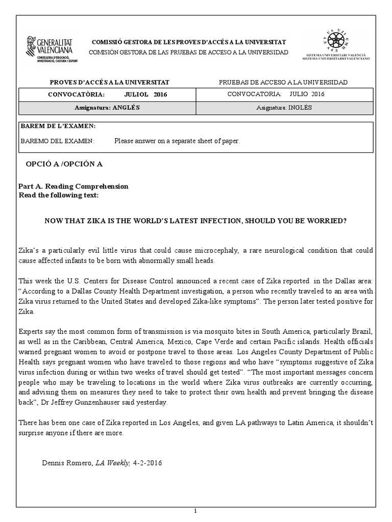Opció A /opción A Part A. Reading Comprehension Read The Following Text ...