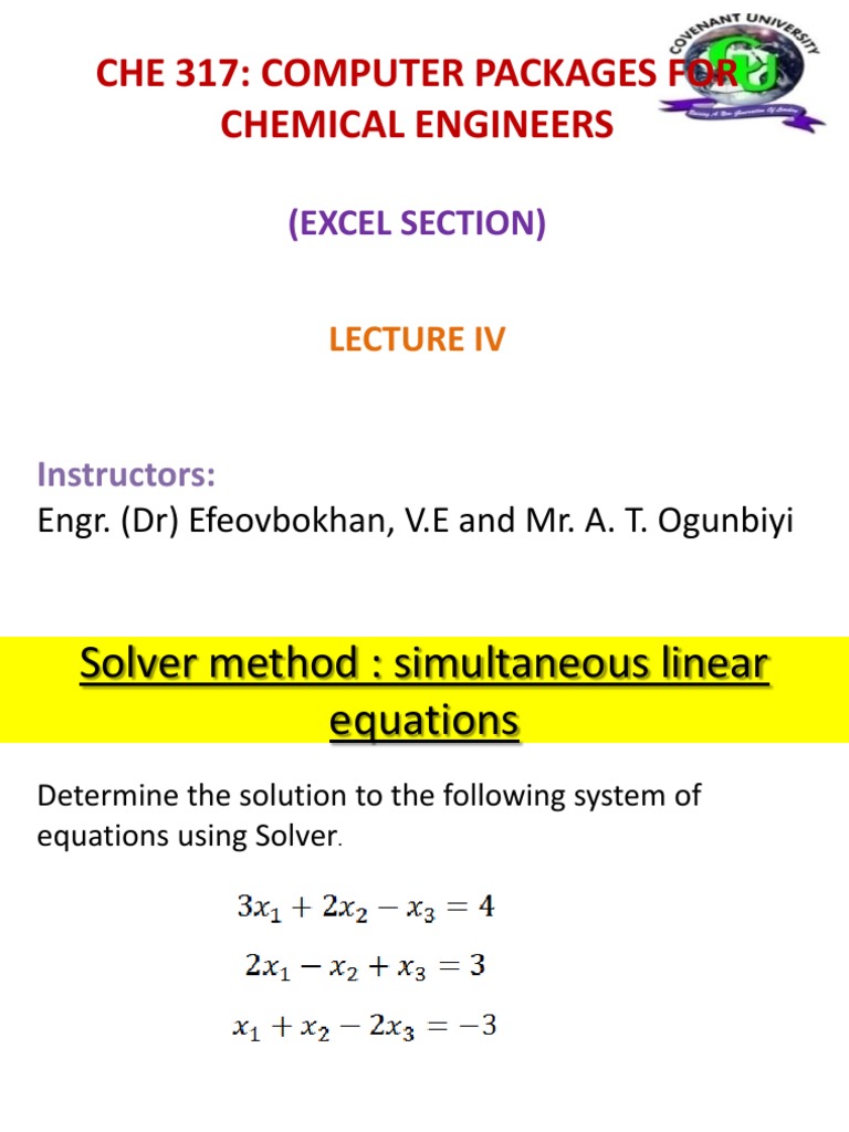 Che 317: Computer Packages For Chemical Engineers: (Excel Section ...