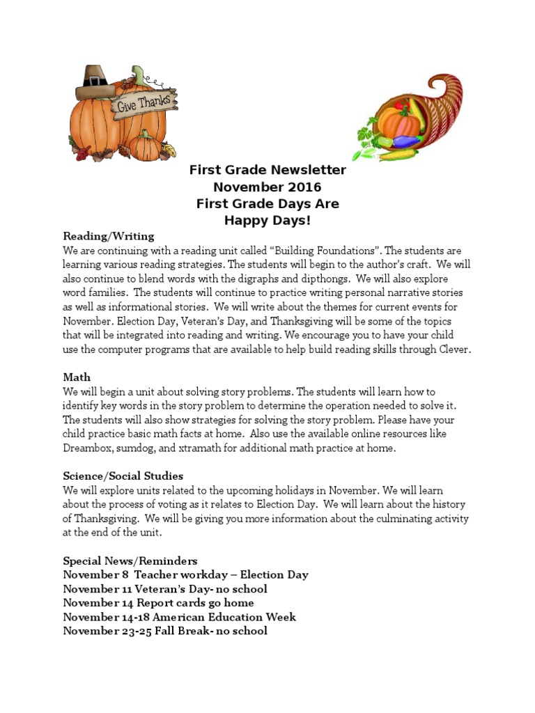 November 2016 First Grade Newsletter | PDF