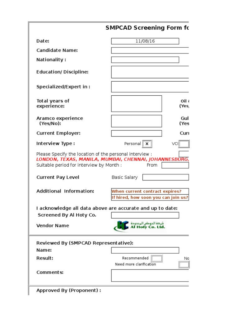 Screening Form Sample | PDF