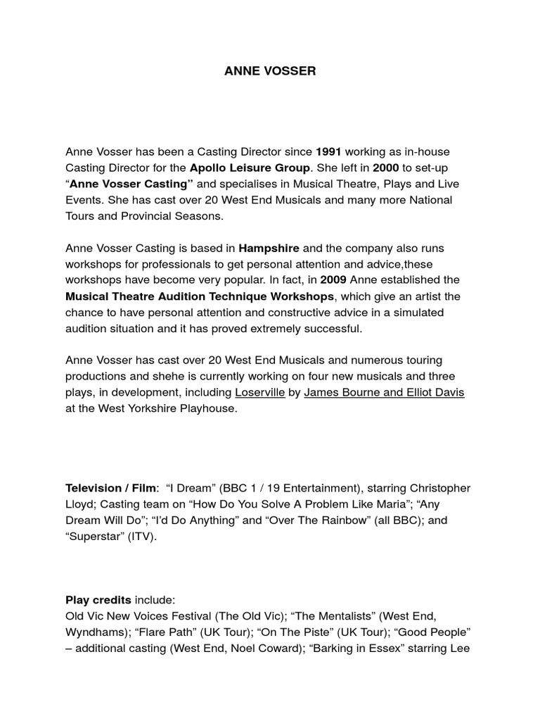 Anne Vosser | PDF | Musical Theatre | West End Theatre