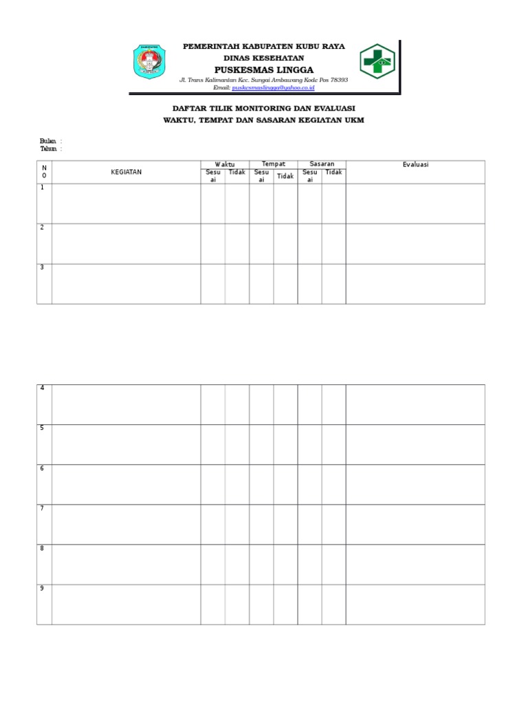 Form Daftar Tilik Monitoring Waktu, Tempat Dan Sasaran Kegiatan UKM ...