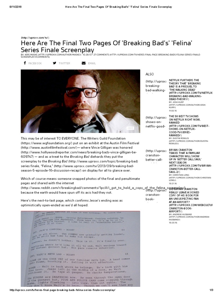 Here Are The Final Two Pages of 'Breaking Bad's' 'Felina' Series Finale ...