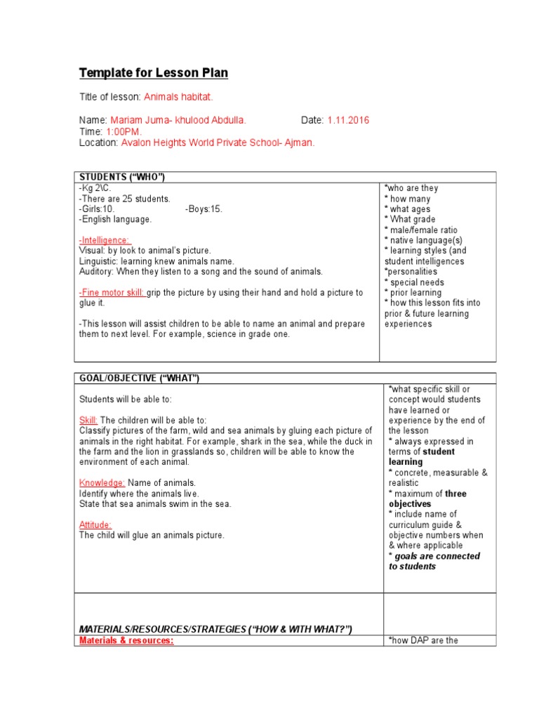 Template For Lesson Plan: Title of Lesson: Name: Date: Time: Location ...