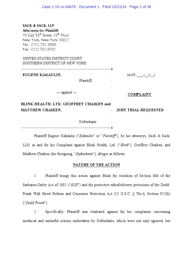 Blink Health - Chaiken - Complaint | PDF | Stocks | Damages