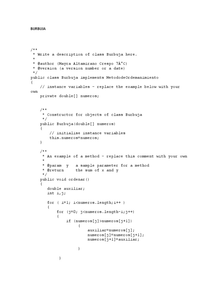 Burbuja en Java | PDF | Método (programación de computadora) | Desarrollo de software