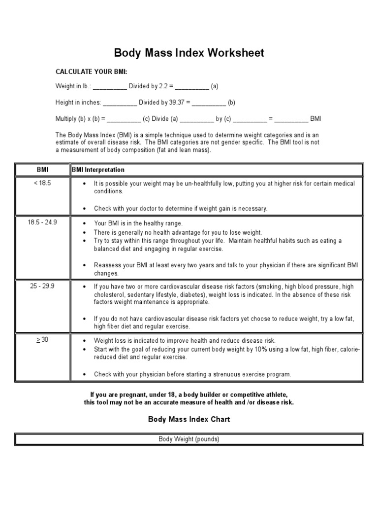 BMI Calculation and Interpretation Worksheet | PDF | Body Mass Index ...