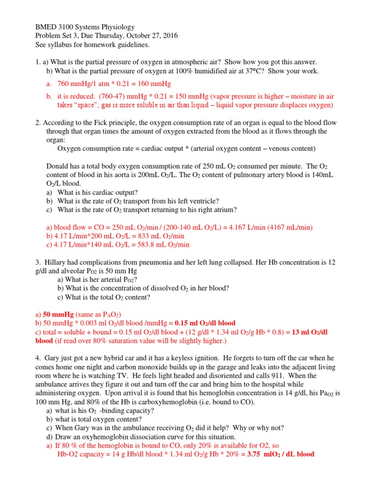 BMED3100 Fall16 HW4-key | PDF | Blood | Hemoglobin