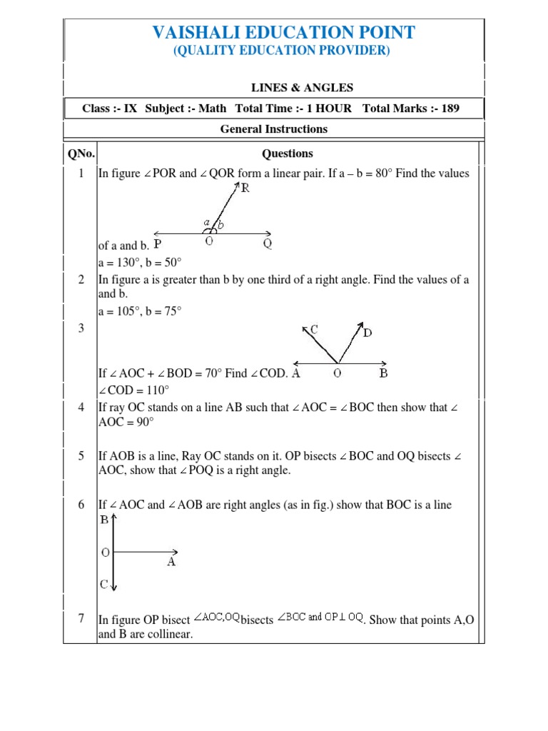 9th Lines & Angles Class - Maths | PDF | Perpendicular | Triangle