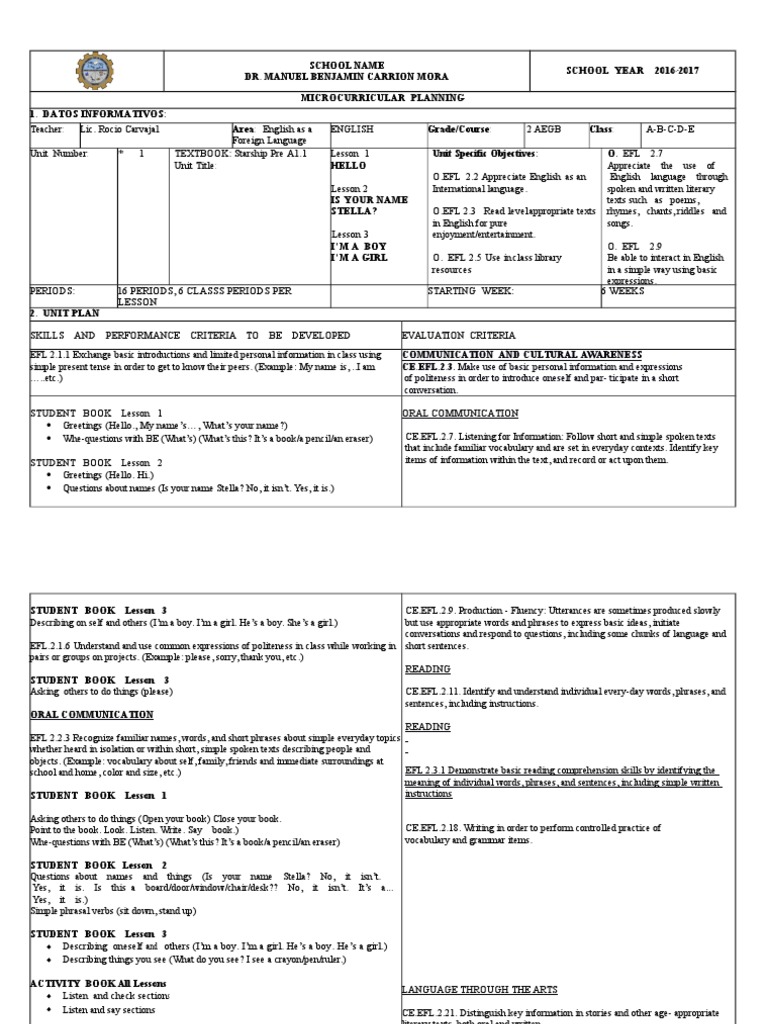 English Starship Unit 1 Plan | PDF | Reading Comprehension | Vocabulary