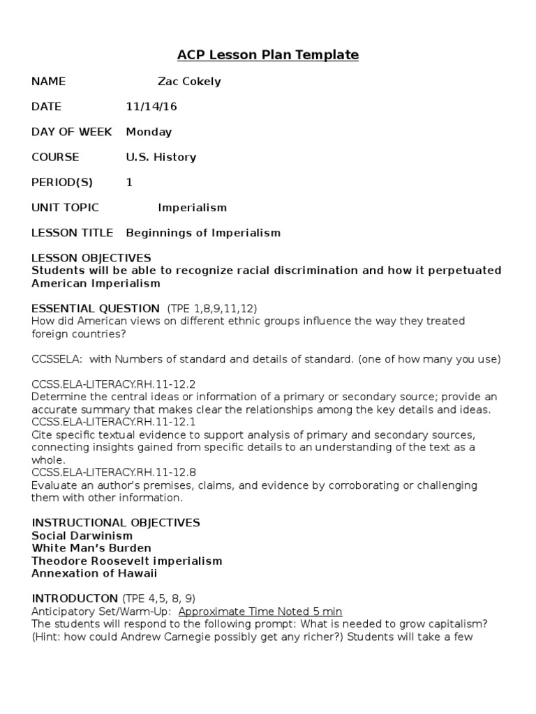 ACP Lesson Plan Template | PDF | Imperialism | Educational Psychology
