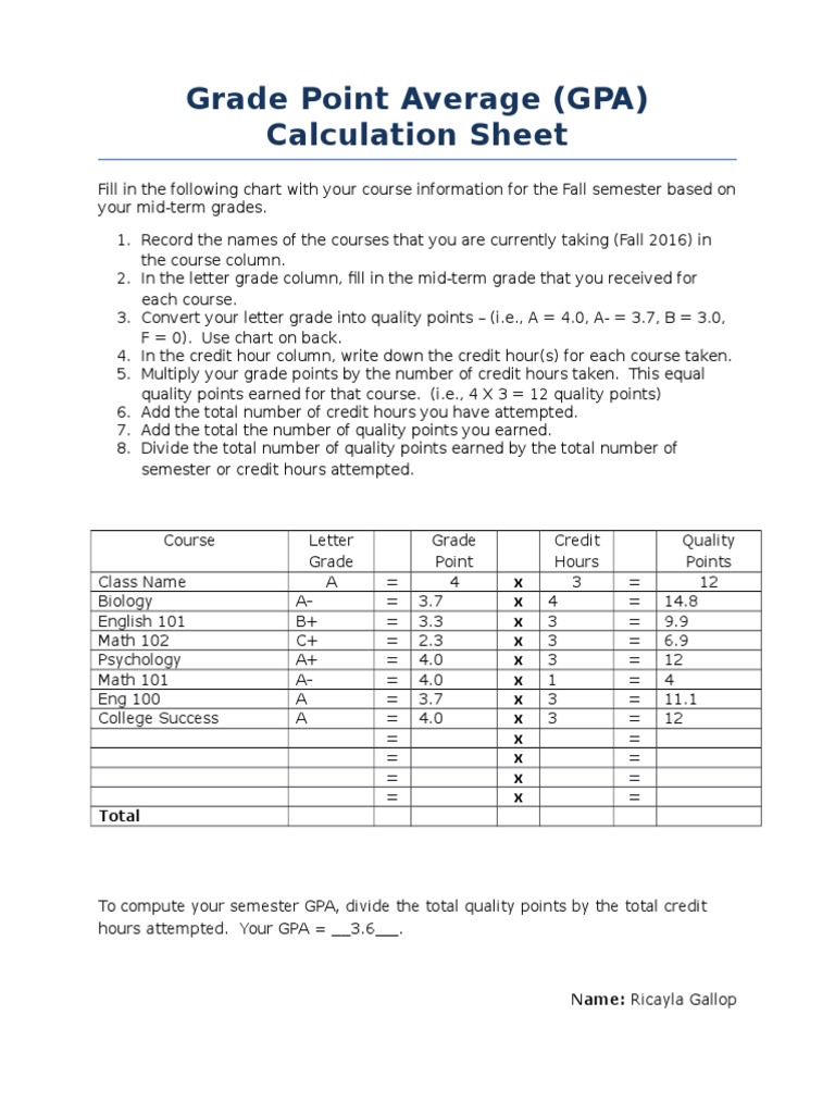 GPA Calculation and Tracking Sheet | PDF | Career & Growth | Finance ...