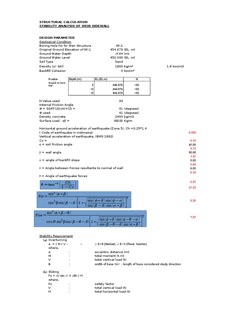 STRUCTURAL CALCULATION FOR WEIR SIDEWALL STABILITY | PDF | Earthquakes ...