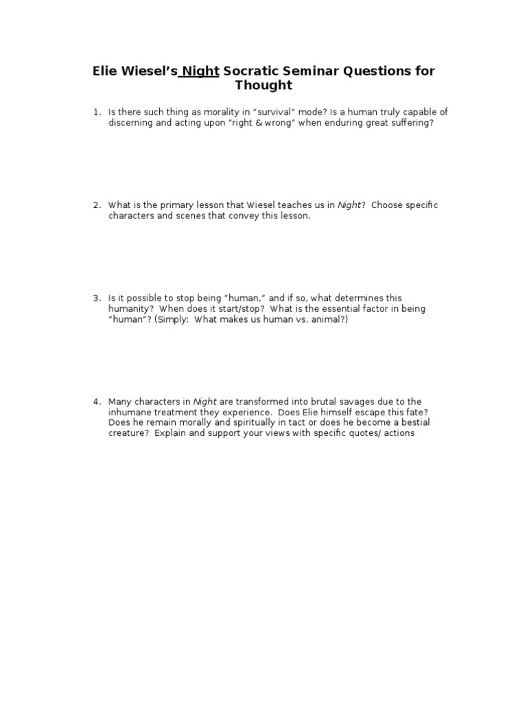 Night Socratic Seminar Questions | PDF | Self-Improvement | Science ...