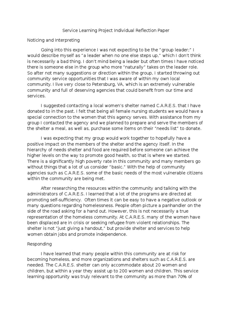Service Learning Reflection on Leadership | PDF | Service Learning ...