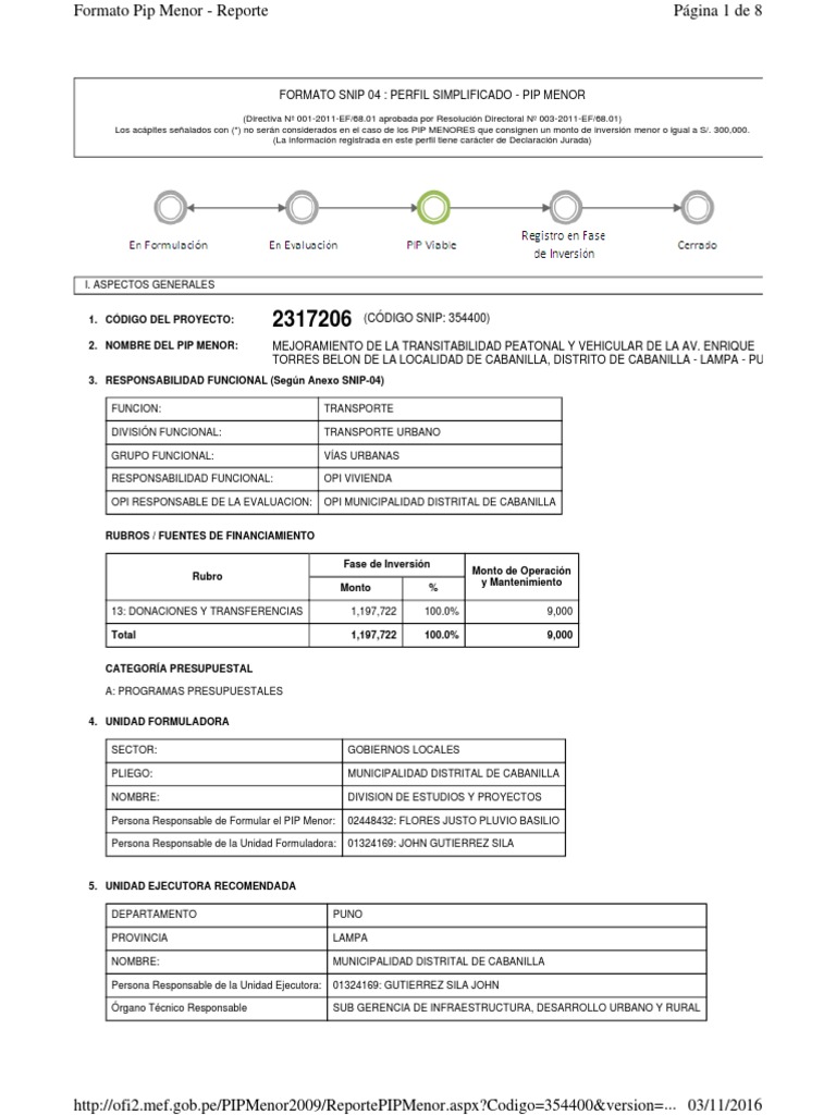 Ficha SNIP Viable | PDF | Peatonal | Precios