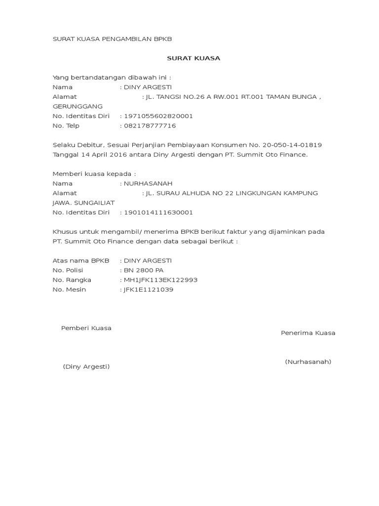 Surat Kuasa Pengambilan BPKB | PDF