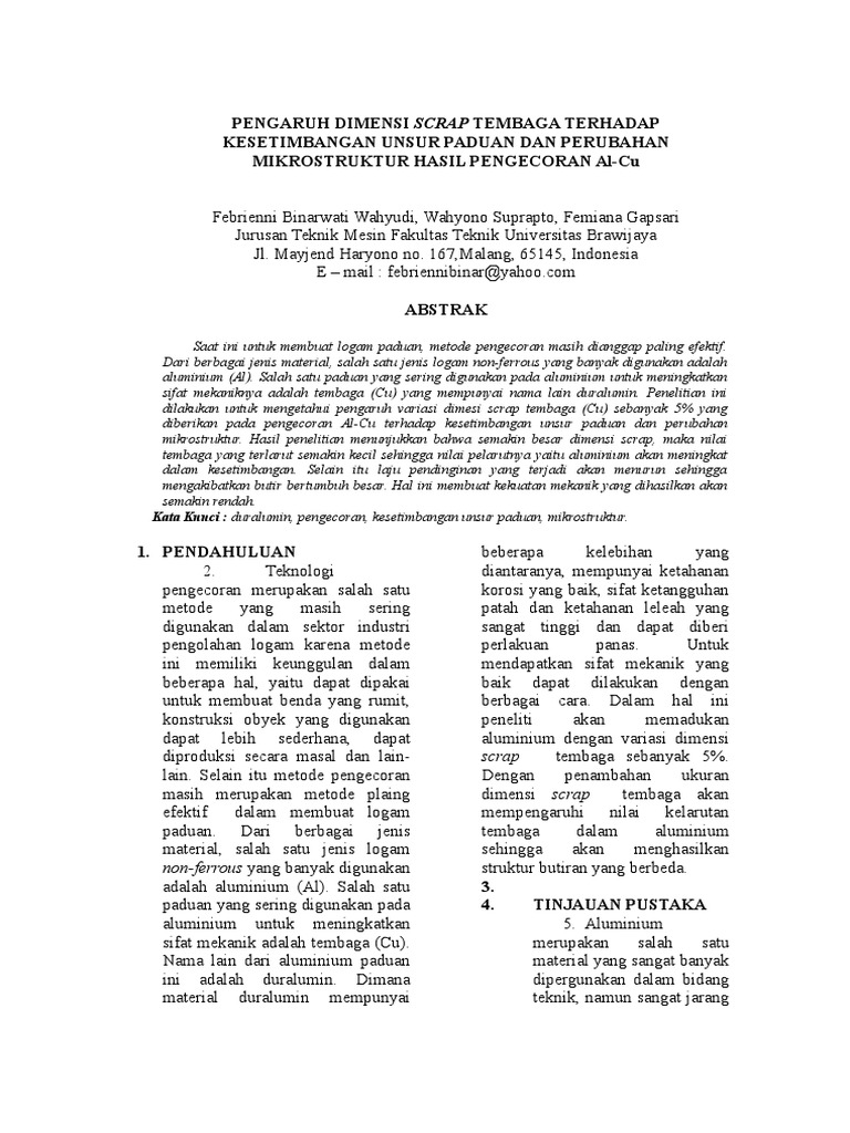 PENGARUH DIMENSI SCRAP TEMBAGA (Cu) TERHADAP KESETIMBANGAN UNSUR DAN ...