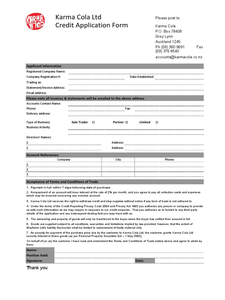 Karma Cola LTD Credit Application Form | PDF | Contractual Term | Payments