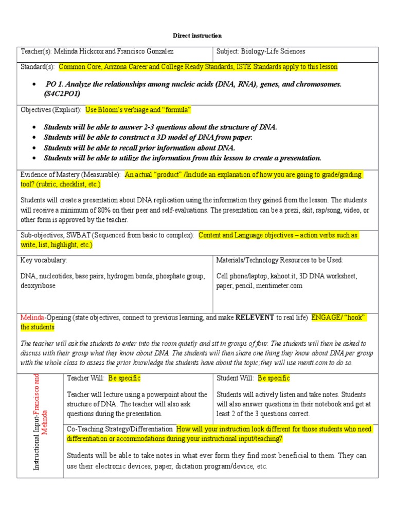 Team Teaching Lesson Plan | PDF | Nucleic Acids | Dna