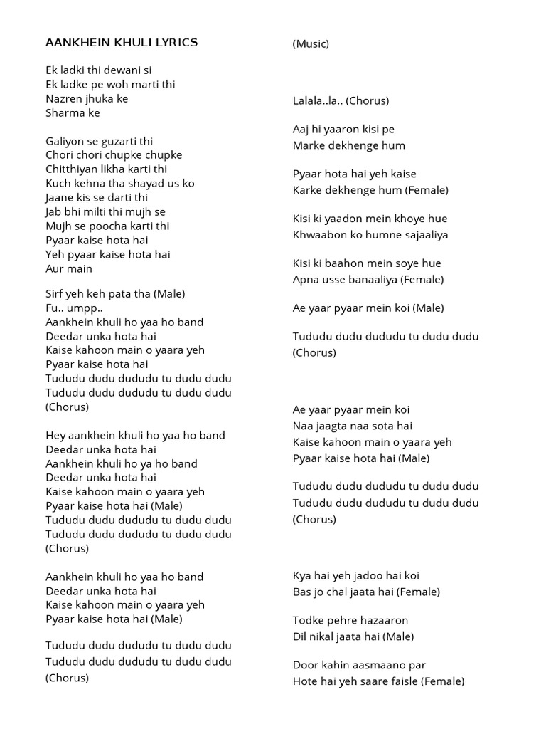 Aankhein Khuli Lyrics | PDF