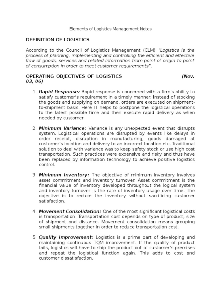 Elements of Logistics Management Notes | Logistics | Intermodal Freight ...