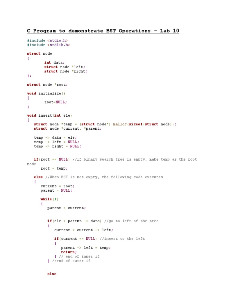 C Program To Demonstrate BST Operations - Lab 10: Stdio.h Stdlib.h | PDF