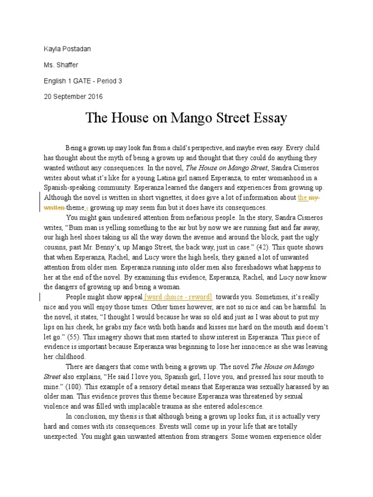The House On Mango Street Essay: Kayla Postadan Ms. Shaffer English 1 ...