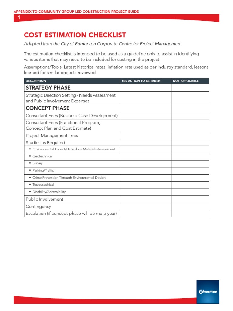Comprehensive Cost Estimation Checklist for Community Group Led ...