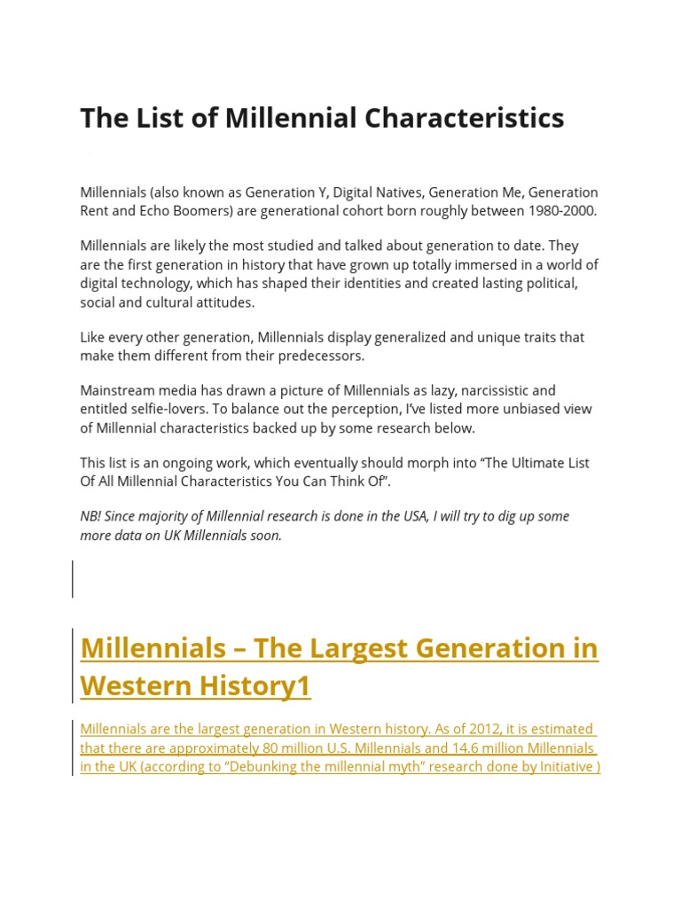The List of Millennial Characteristics | PDF | Millennials | Economic ...
