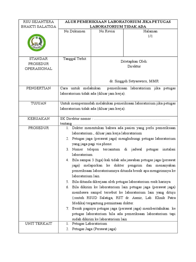 Sop Alur Pemeriksaan Lab Jika Petugas Lab Tidak Ada | PDF