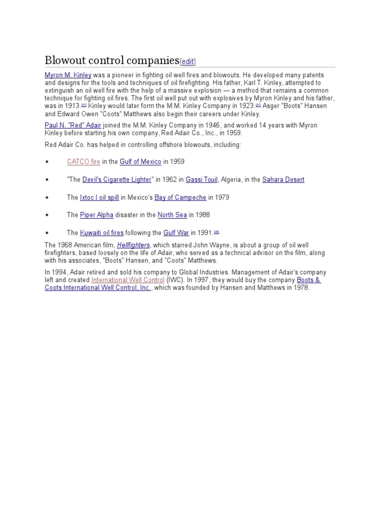 Blowout Control Companies: Myron M. Kinley | PDF