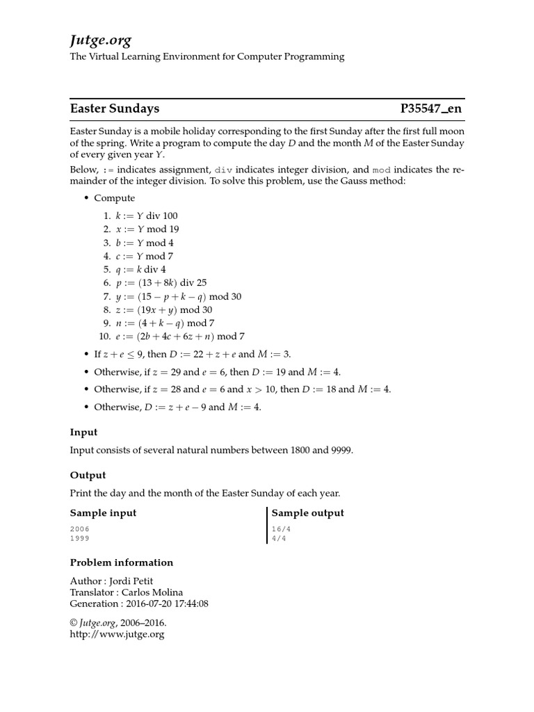 Calculate Easter Sunday Dates | PDF | Teaching Methods & Materials