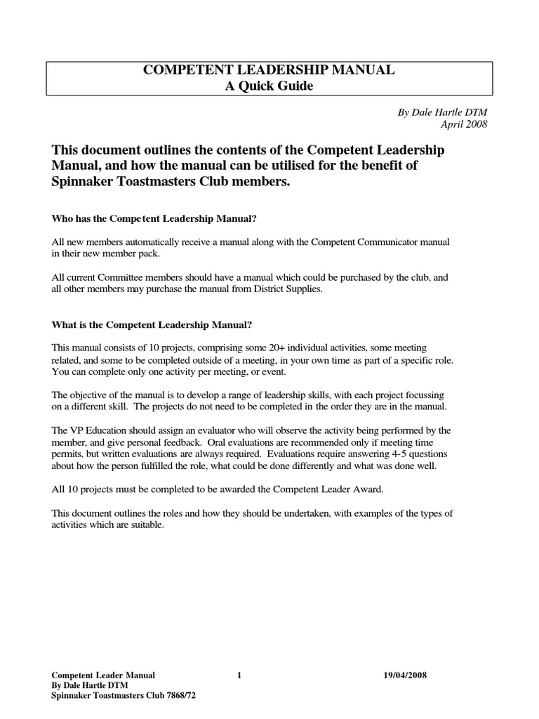 Toastmasters Competent Leadership Manual Outline | PDF | Mentorship ...