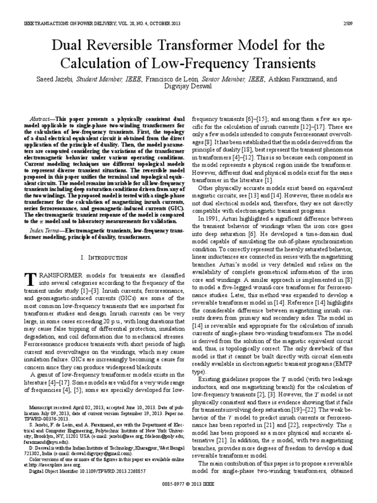 Dual Reversible Transformer Model For The Calculation of Low-Frequency Transients | PDF ...