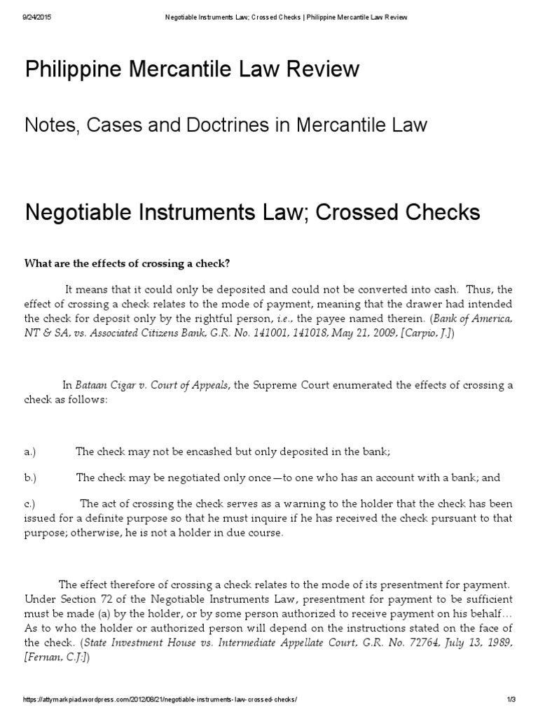 Negotiable Instruments Law - Crossed Checks | Negotiable Instrument ...