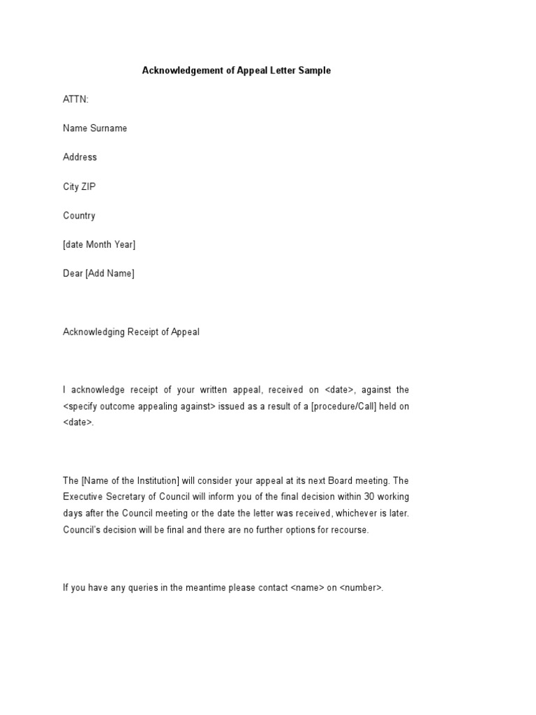 Acknowledgement of Appeal Letter Sample