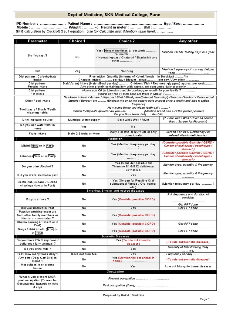 IPD Patient History Checklist | PDF | Dieting | Physical Exercise