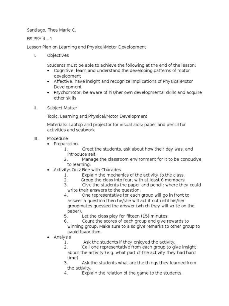 Lesson Plan Example | Lesson Plan | Neuropsychological Assessment